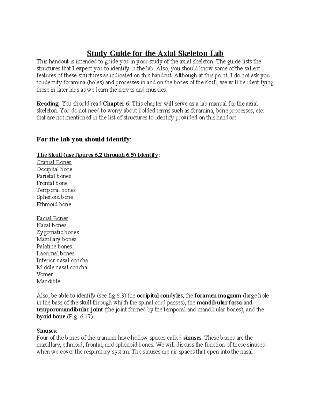 Axial Skeleton Parts Of Body Study Guide For The Axial Skeleton Lab