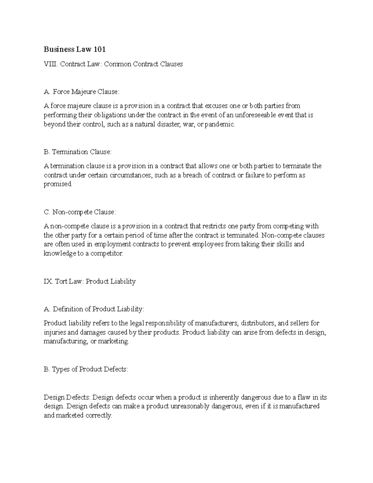 Business Law 3 - Contract Law: Common Contract Clauses A. Force Majeure ...