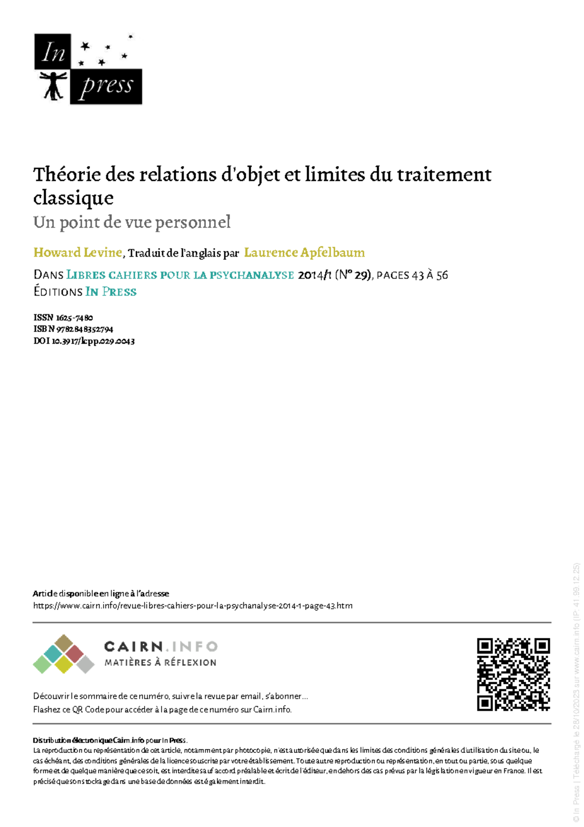 Theorie des relations d'objet et limites du traitement classique ...