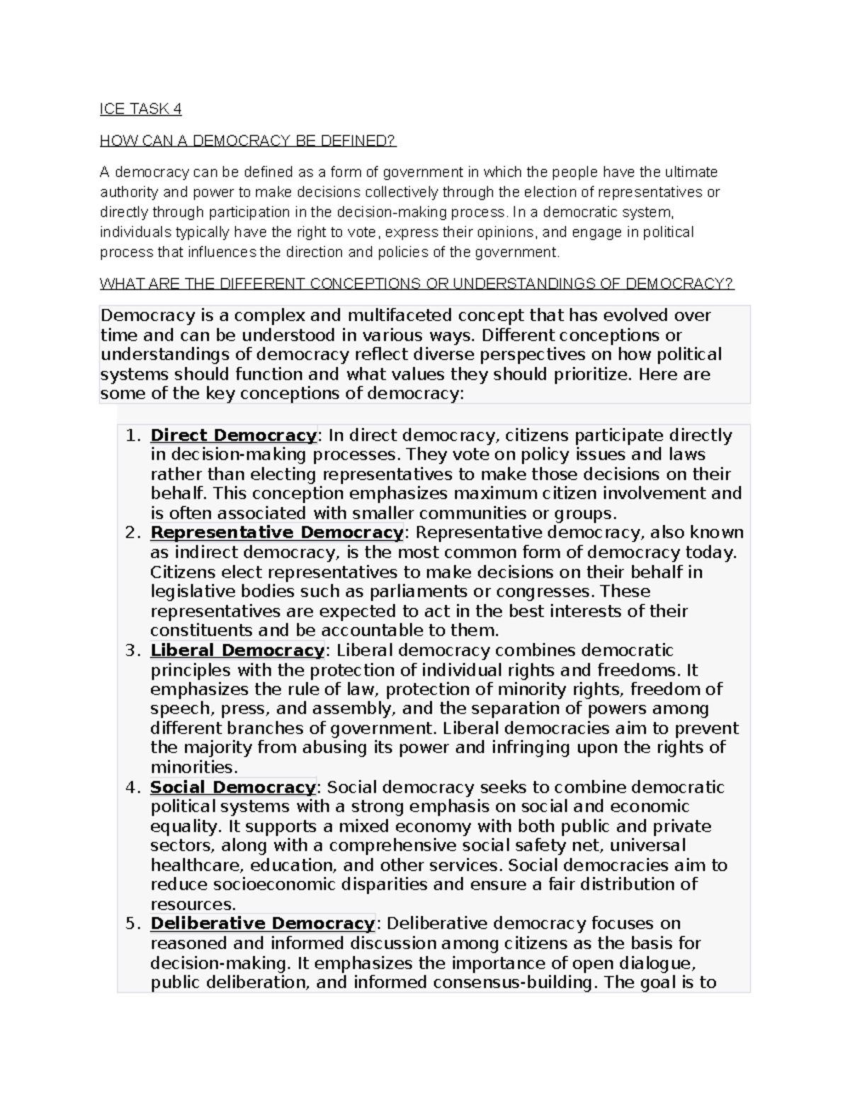 ICE TASK 4 Group WORK - ICE TASK 4 HOW CAN A DEMOCRACY BE DEFINED? A ...