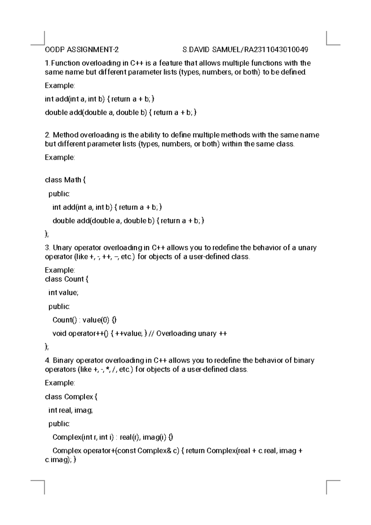 Oodp Assignment Oodp Assignment 2 S Samuelra 1 Overloading In C Is A Feature That Allows
