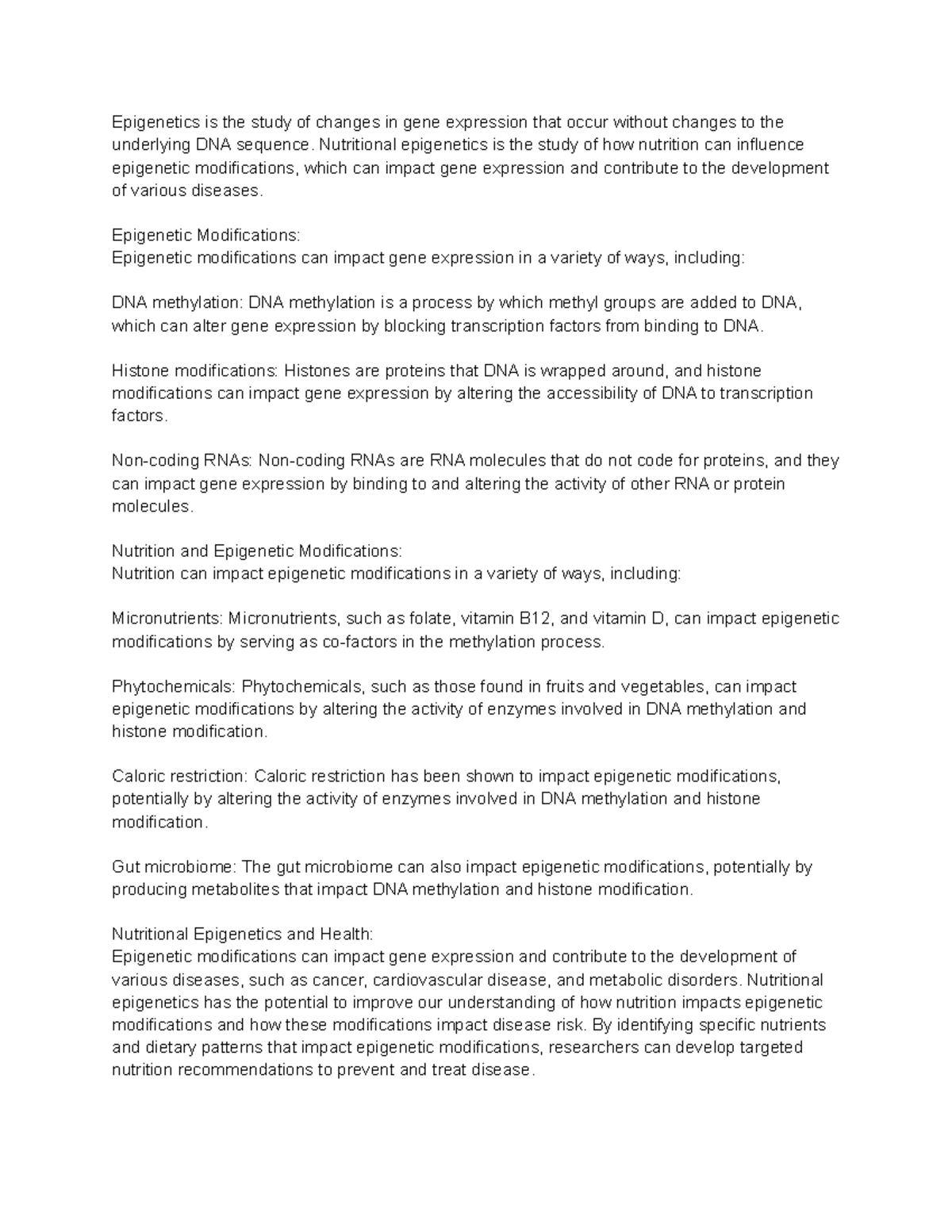 Nutritional Epigenetics Notes - Epigenetics is the study of changes in ...