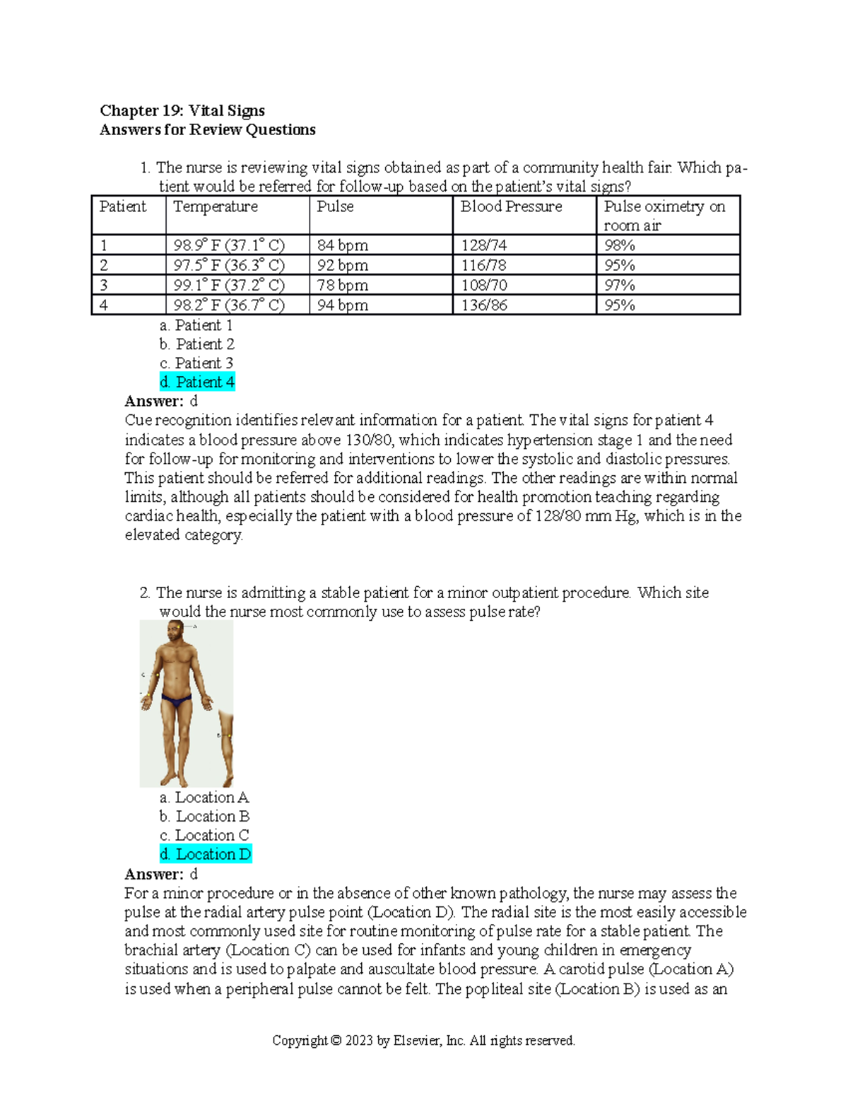 Exam 1 study questions - Chapter 19: Vital Signs Answers for Review ...
