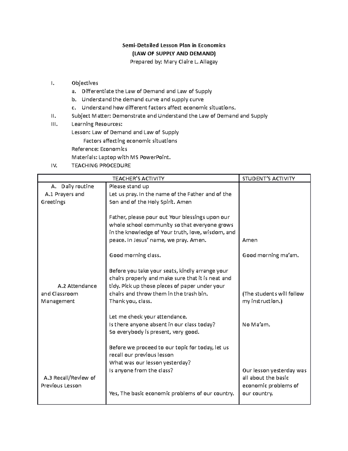 Lesson Plan Demand and Supply - Semi-Detailed Lesson Plan in Economics ...