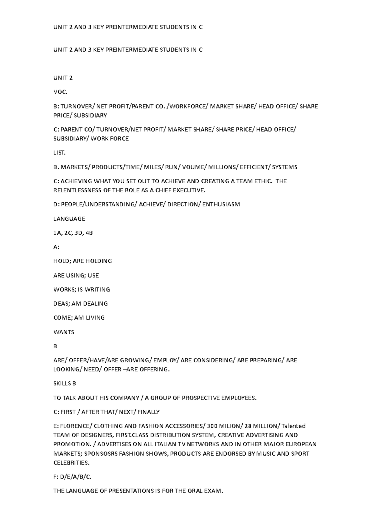 UNIT 2 AND 3 KEY Preintermediate Students IN C - UNIT 2 AND 3 KEY ...