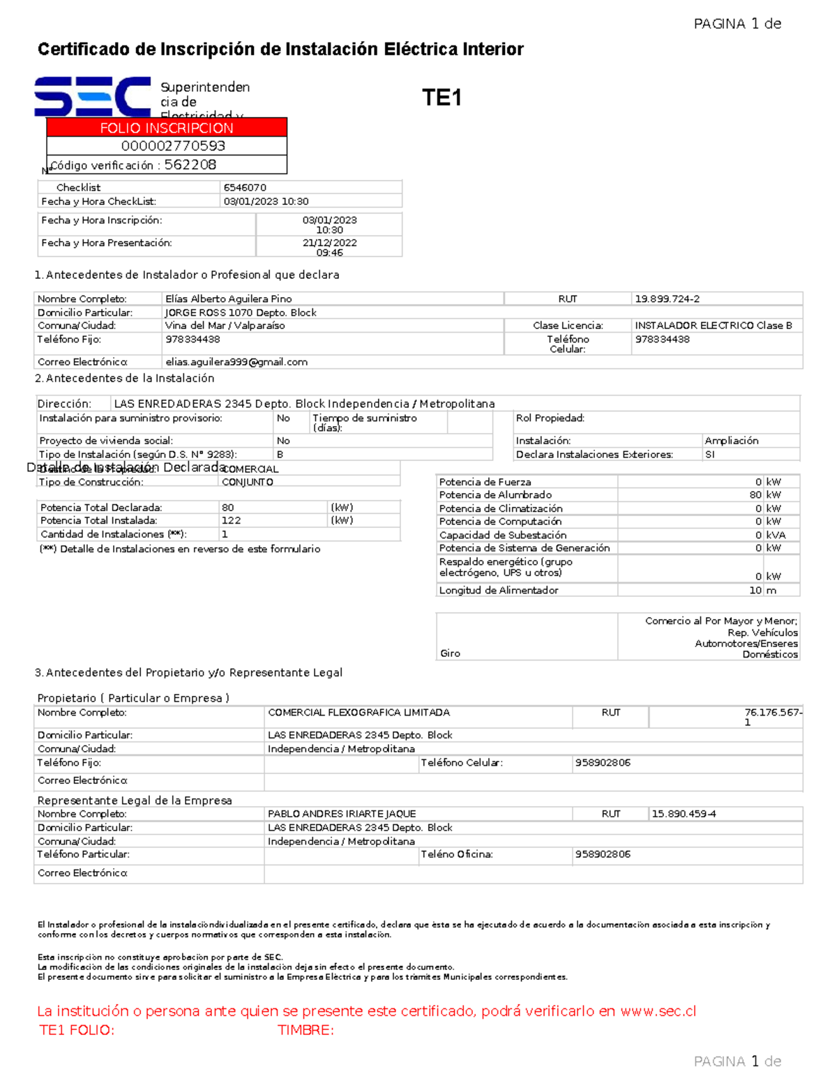 TE1 Ejemplo (V00 IL) - PAGINA 1 de Certificado de Inscripción de Instalación Eléctrica Interior ...