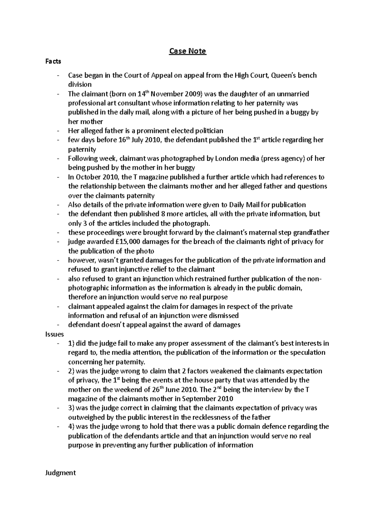 Case note - info - Case note - info - Case Note Facts Case began in the ...