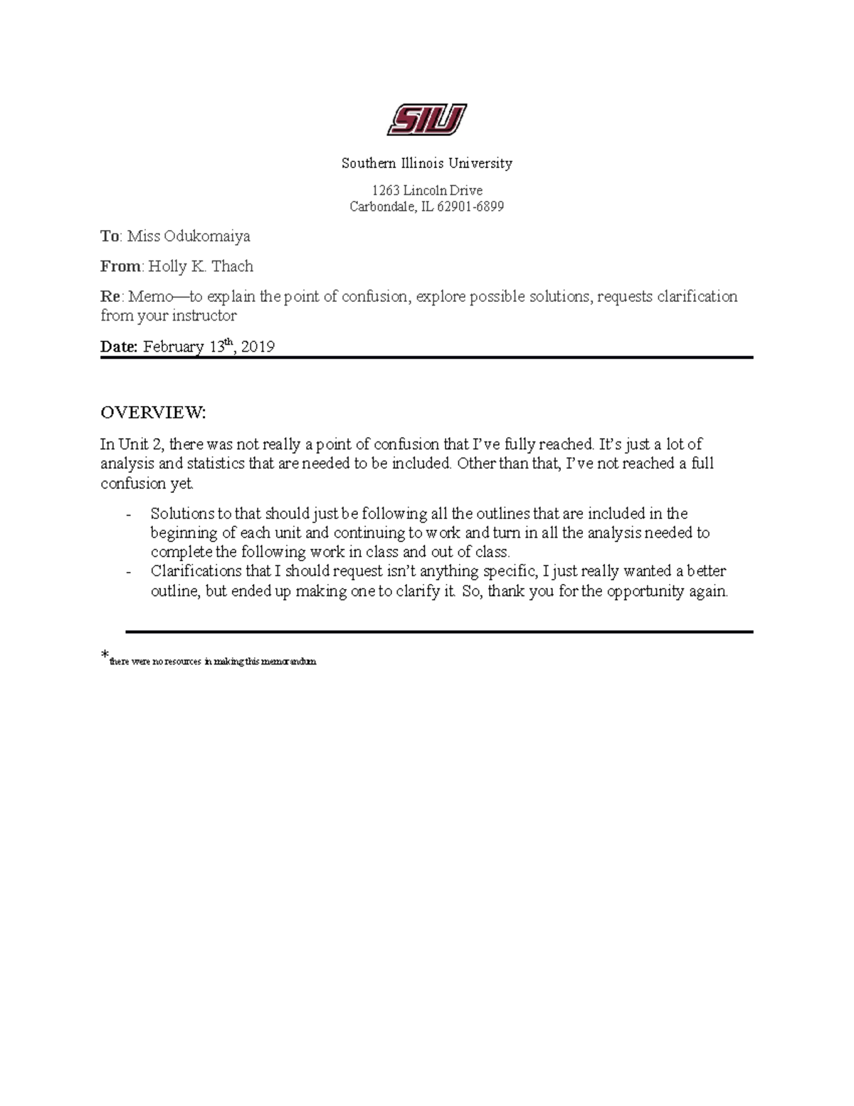 English MEMO - memorandum for class - Southern Illinois University 1263 ...