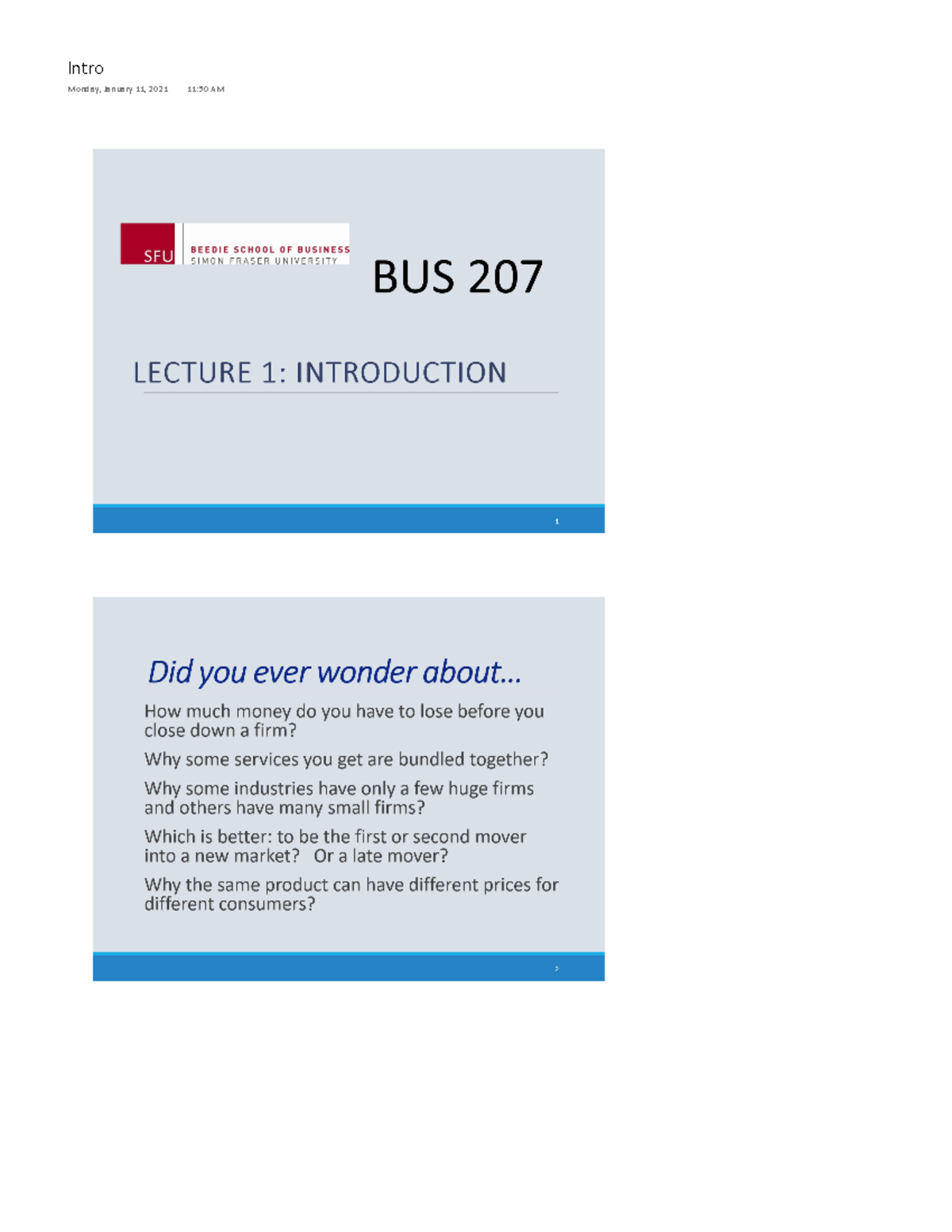 BUS 207 module 1 hand notes - BUS 207 - /ŶƚƌŽ D ŽŶĚĂLJ͕ :ĂŶƵĂƌLJ ϭϭ͕ ...