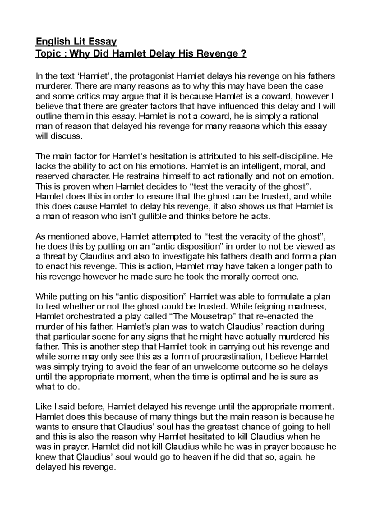 Why did Hamlet delay his revenge - English Lit Essay Topic : Why Did ...