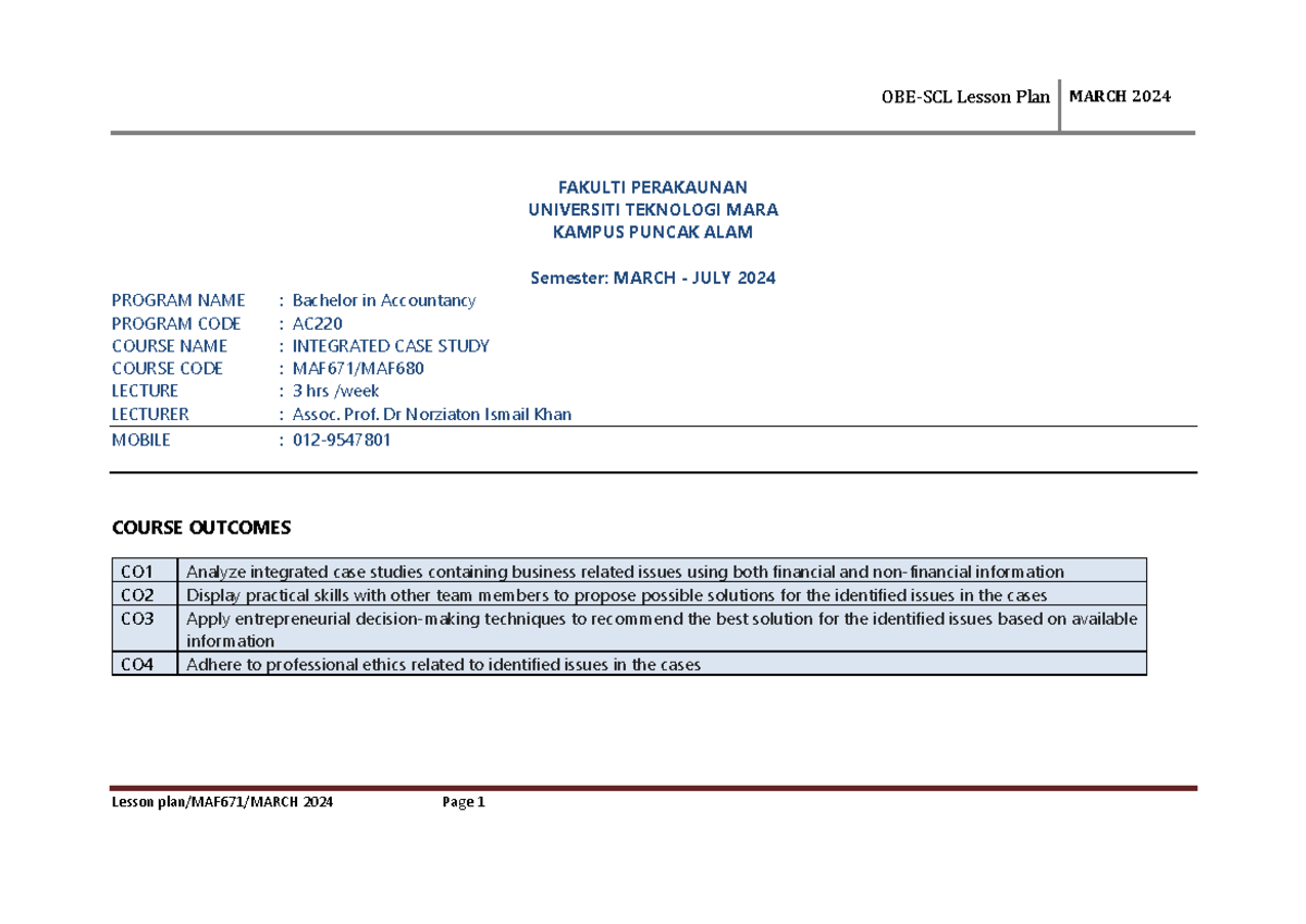 MAF671 Lesson PLAN MAR2024 - FAKULTI PERAKAUNAN UNIVERSITI TEKNOLOGI ...