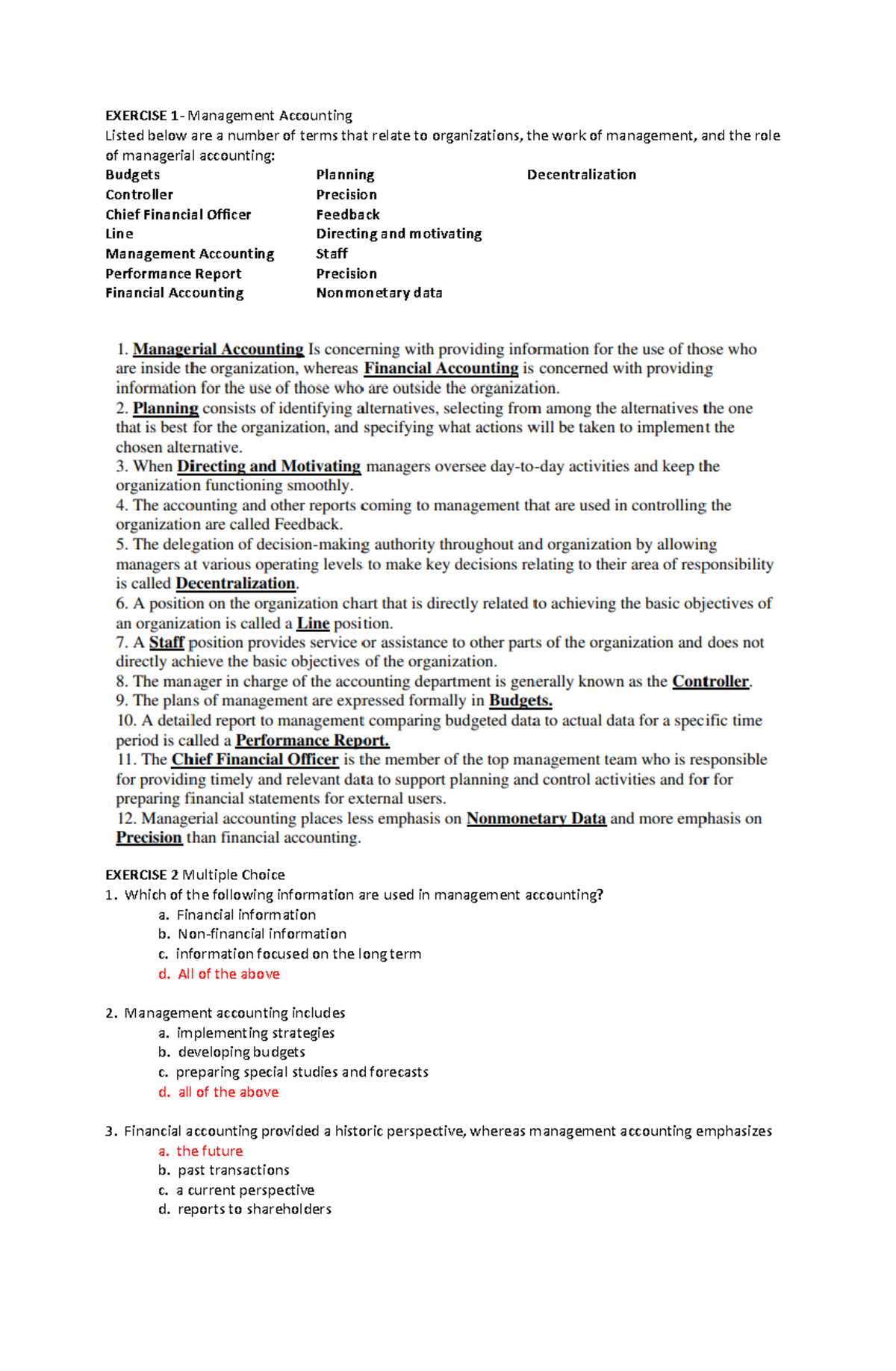 Manac 1 - EXERCISE 1- Management Accounting Listed below are a number ...