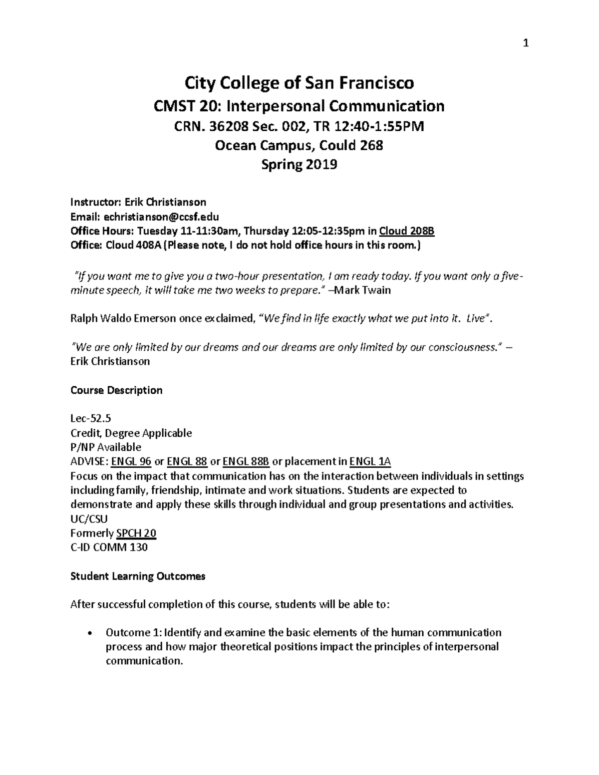 CCSF CMST 20 Spring 2019 Syllabus - City College of San Francisco CMST ...