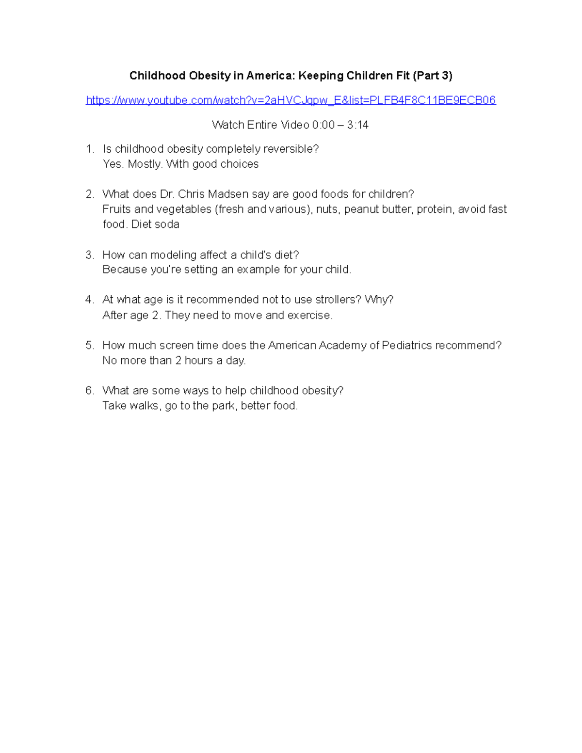 Homework - Obesity Part 3 - Childhood Obesity in America: Keeping ...