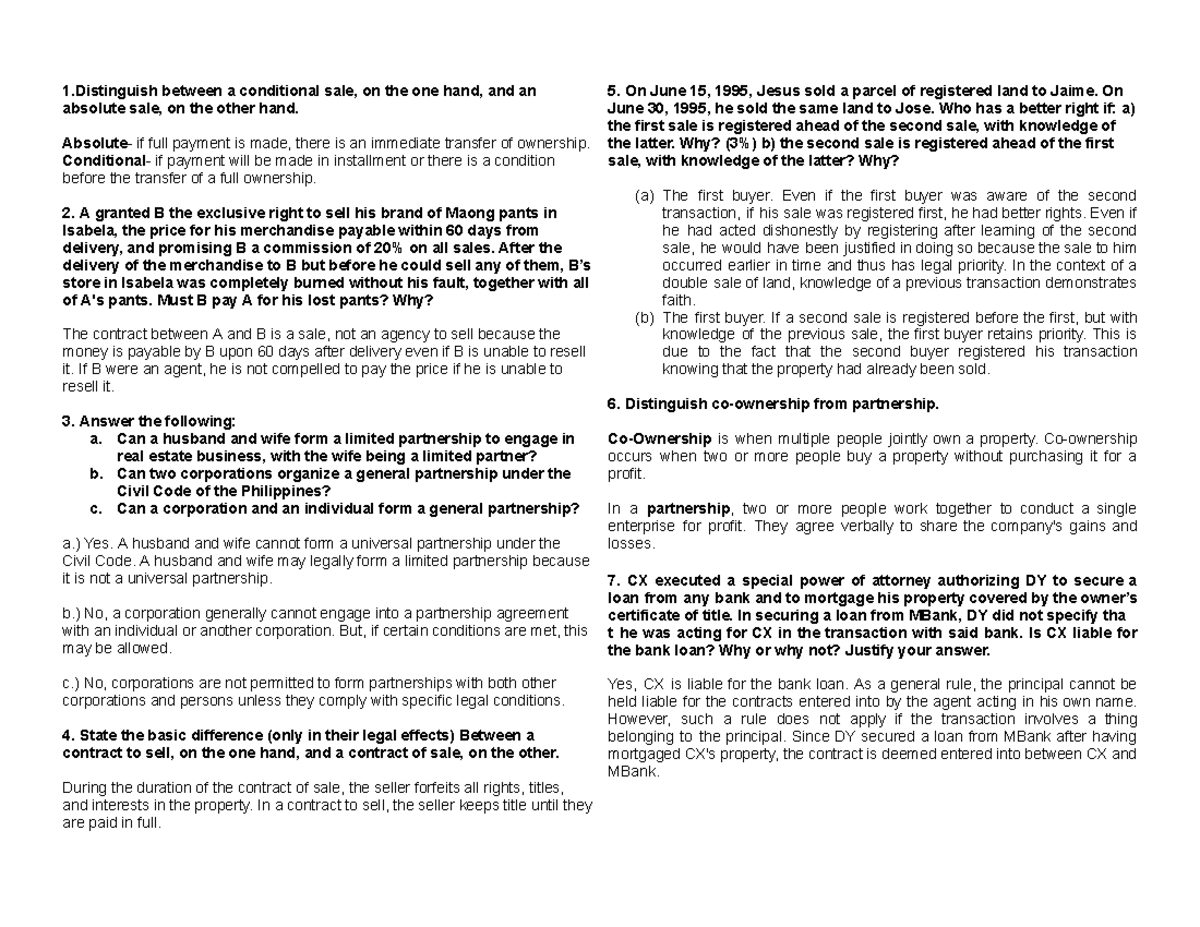 Reviewer Law - Law on Sales - 1 between a conditional sale, on the one ...