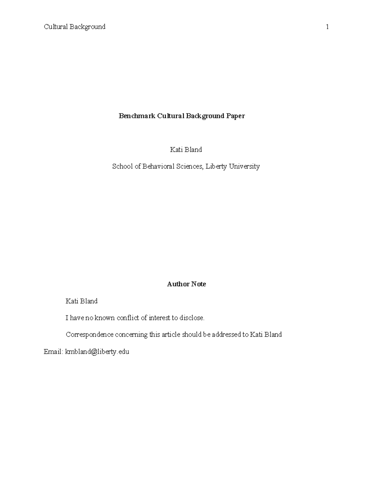 COUC 504 Benchmark Cultural Background by Kati Bland - Benchmark ...