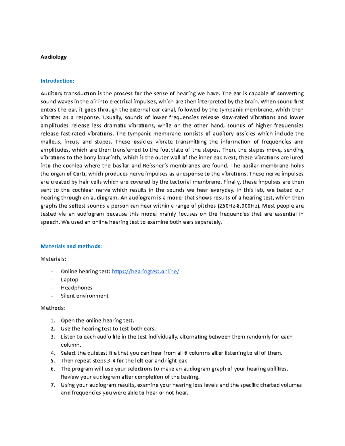 Lab 6 Audiology Lab Audiology Introduction Auditory Transduction