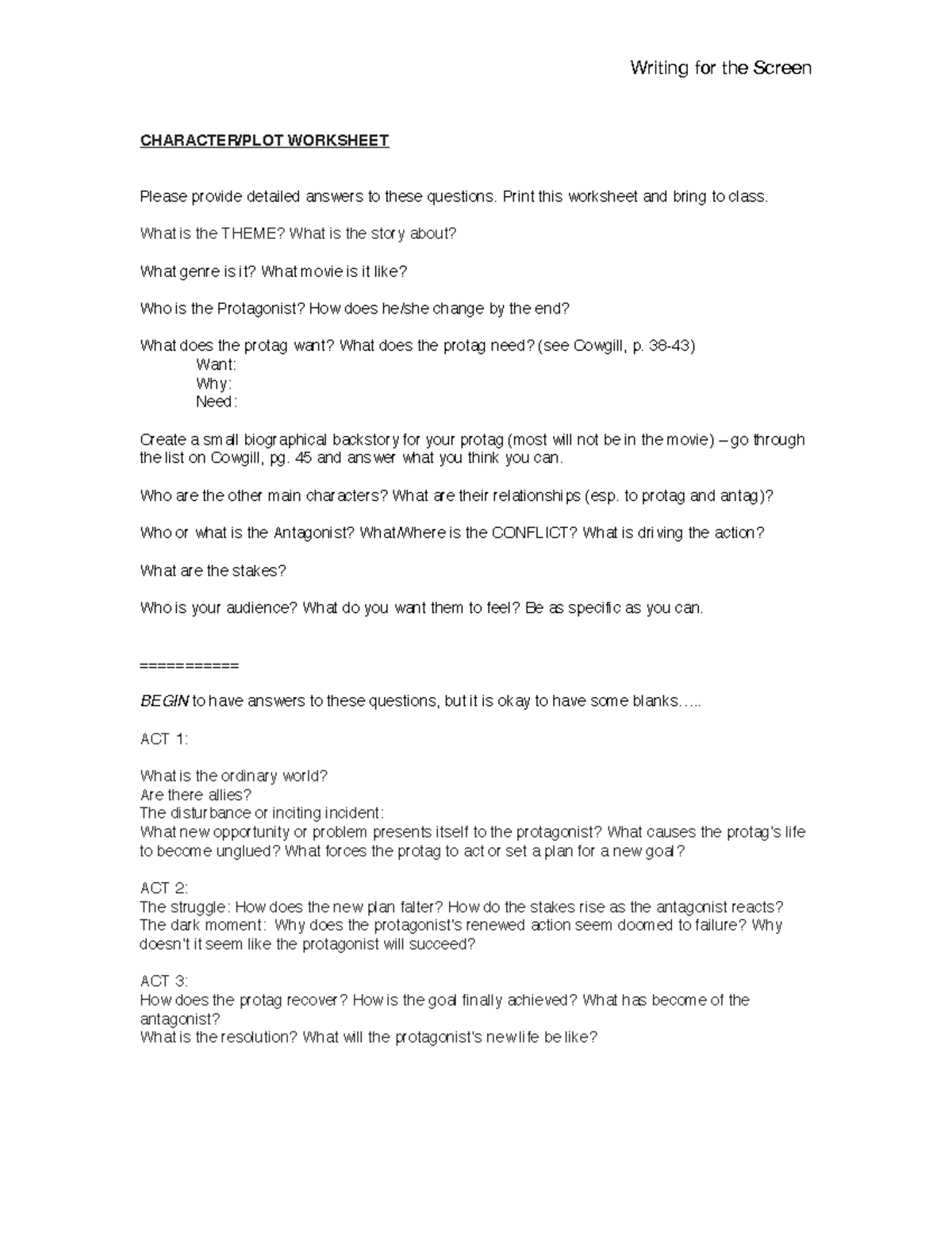 Character and Story Building Worksheet - Writing for the Screen ...