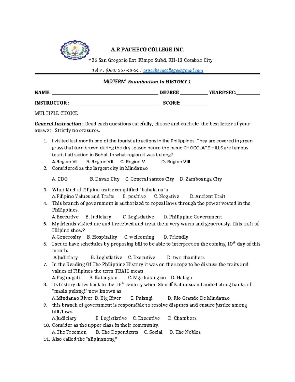 History 1- Kusain - THANK YOU - A PACHECO COLLEGE INC. #36 San Gregorio ...