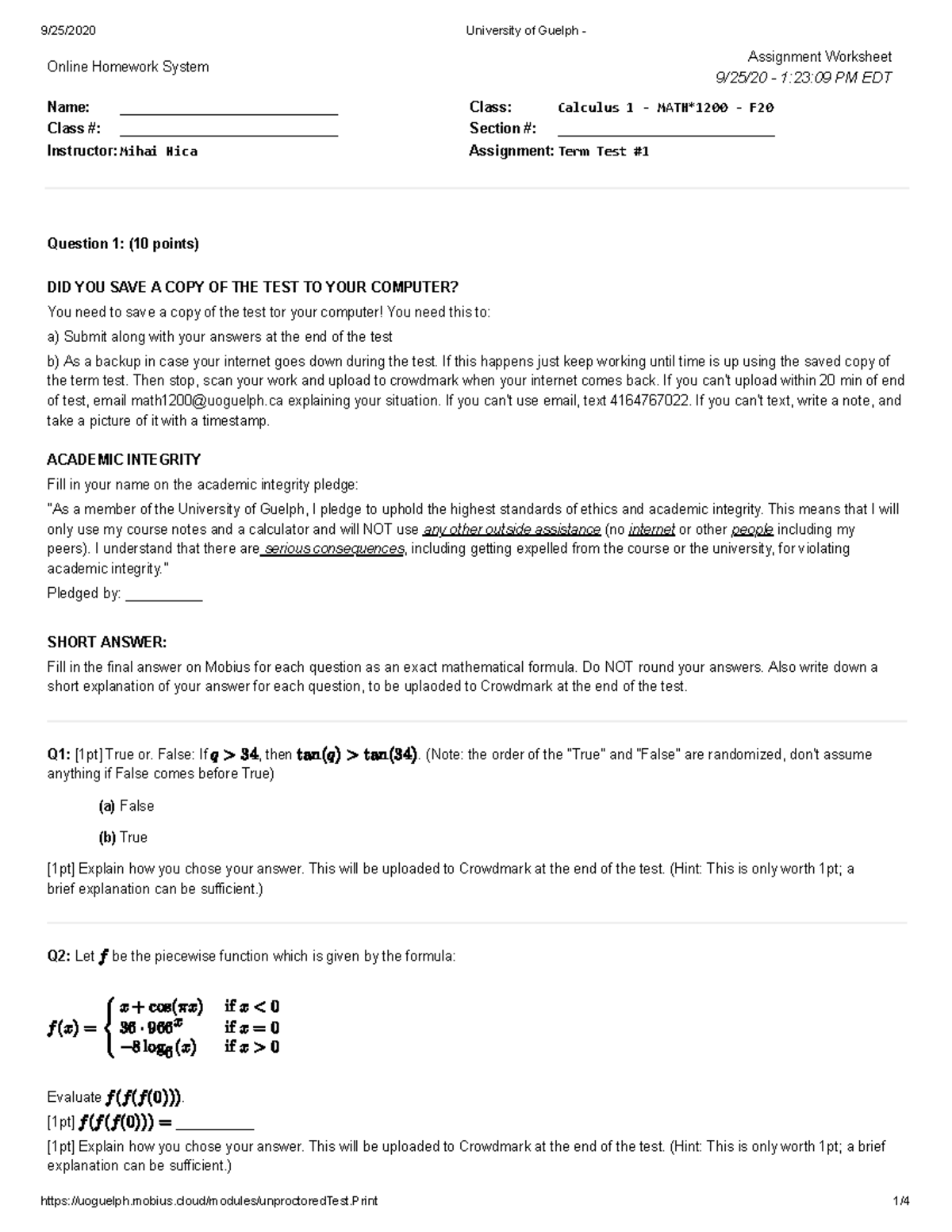 Cacl Test 1 Test 1 Online Homework System Assignment Worksheet 9 25 20 1 23 09 Pm Edt Name