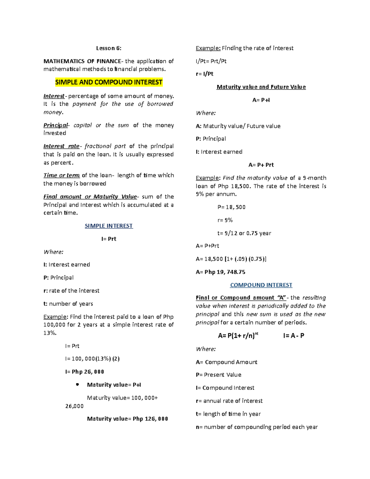 Mmw Mathematics OF Finance - Lesson 6: MATHEMATICS OF FINANCE - the ...