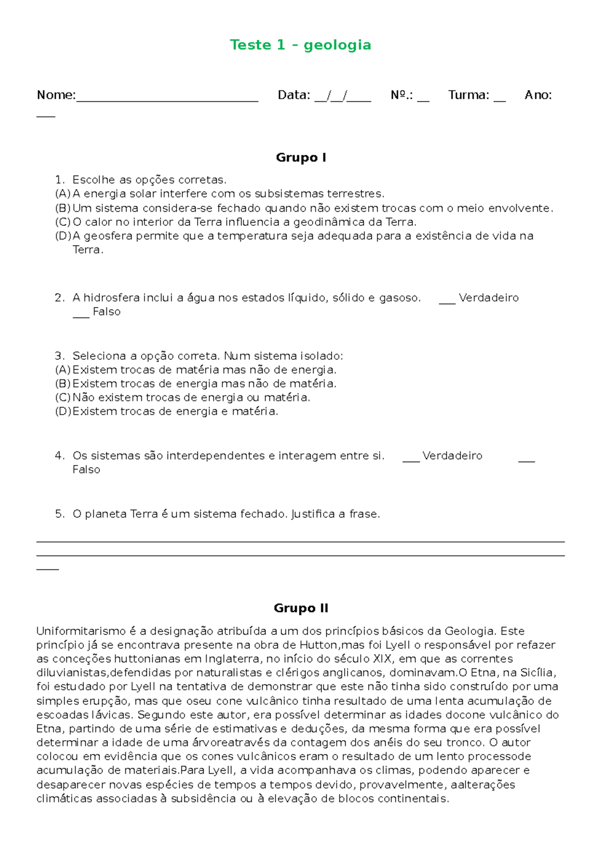 Teste geologia - Teste 1 – geologia Nome ...