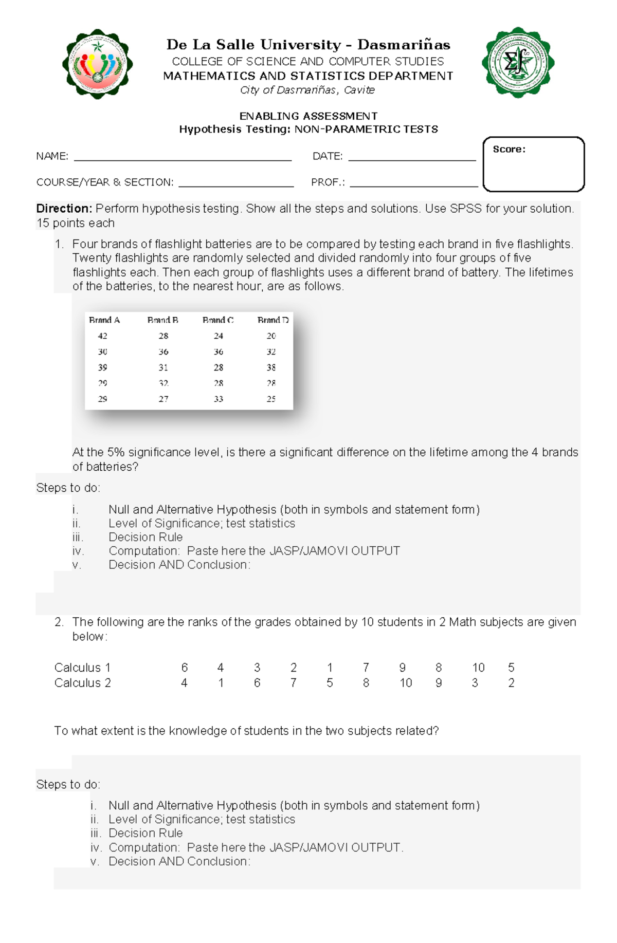 Enabling assessmentafa - De La Salle University – Dasmariñas COLLEGE OF ...