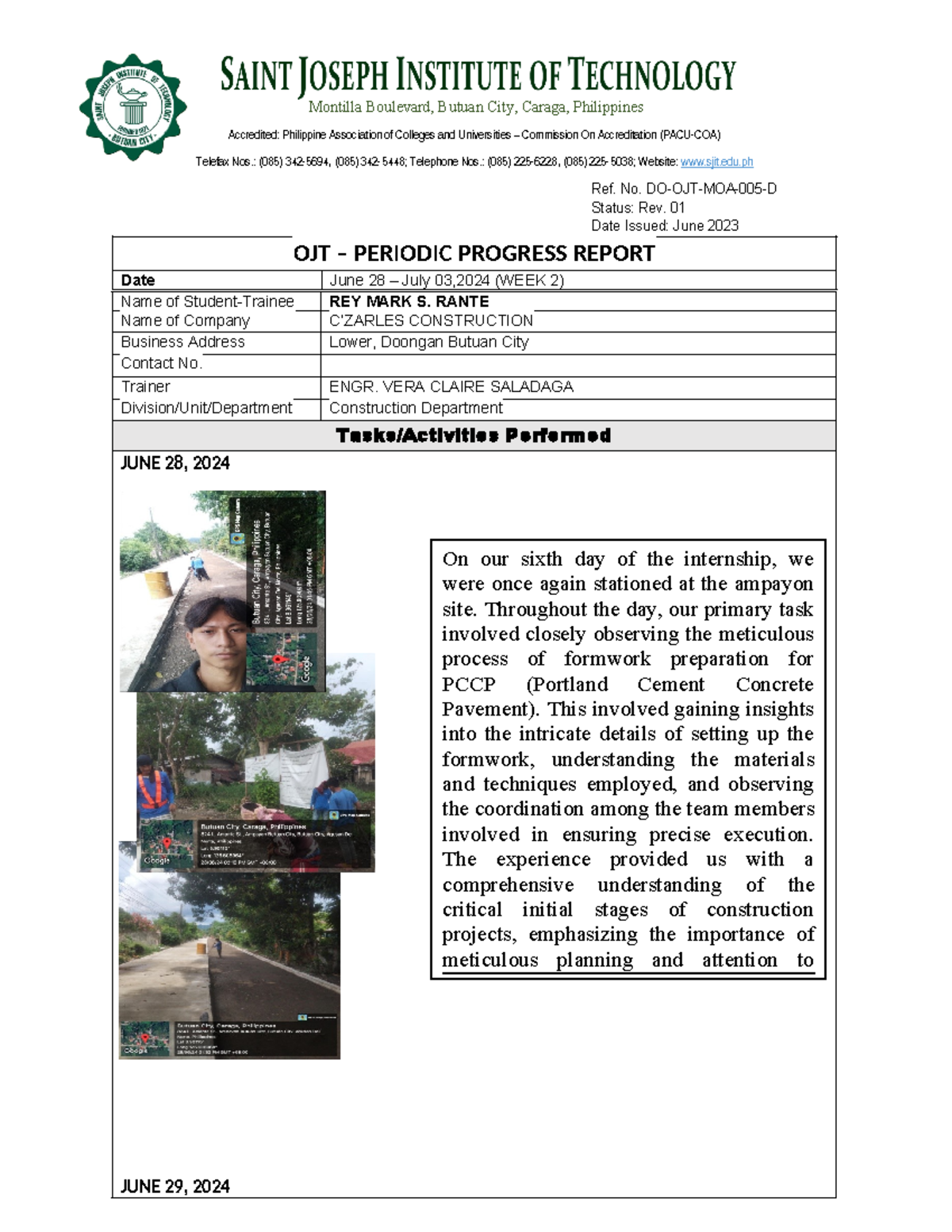 REY MARK Rante OJT Process 1 Week 2 - Ref. No. DO-OJT-MOA-005-D Status ...