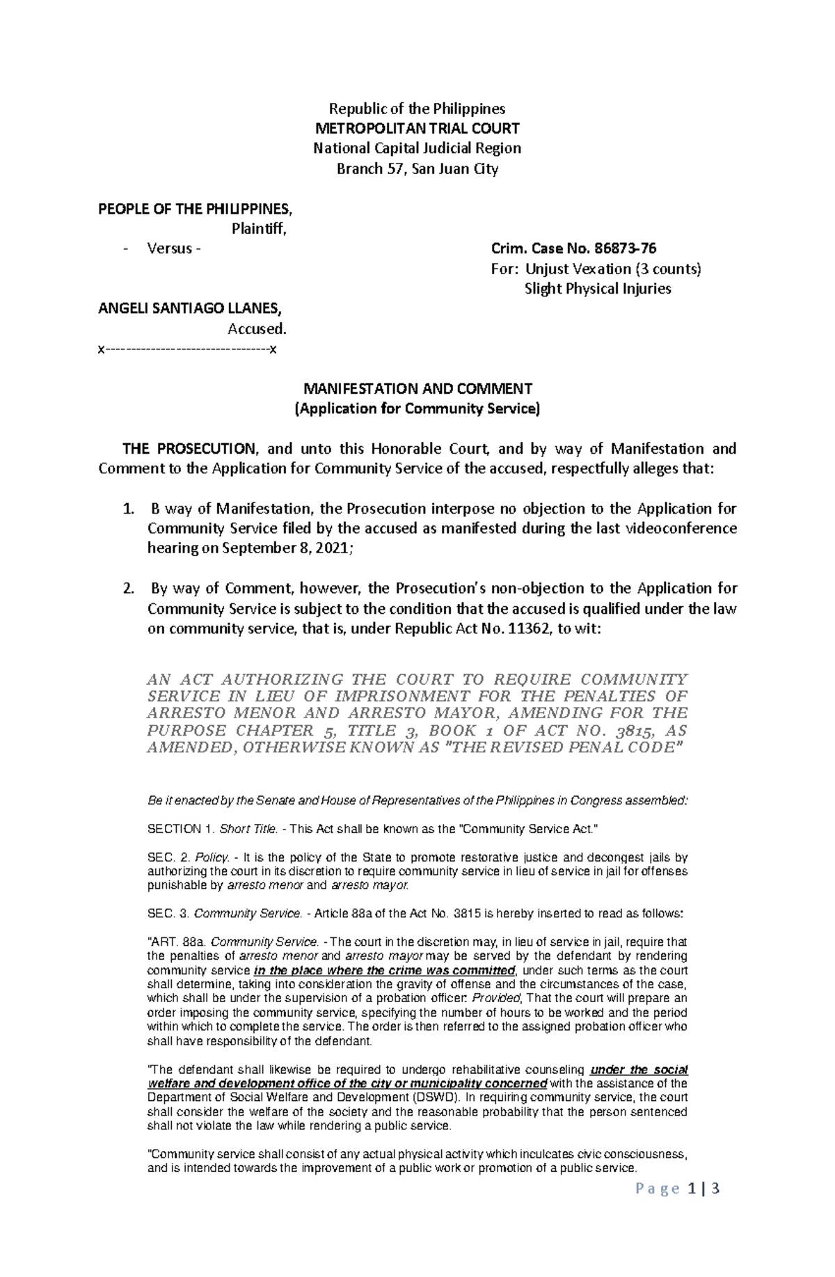 Comment/Opposition To Application For Community Service Of Convicted ...