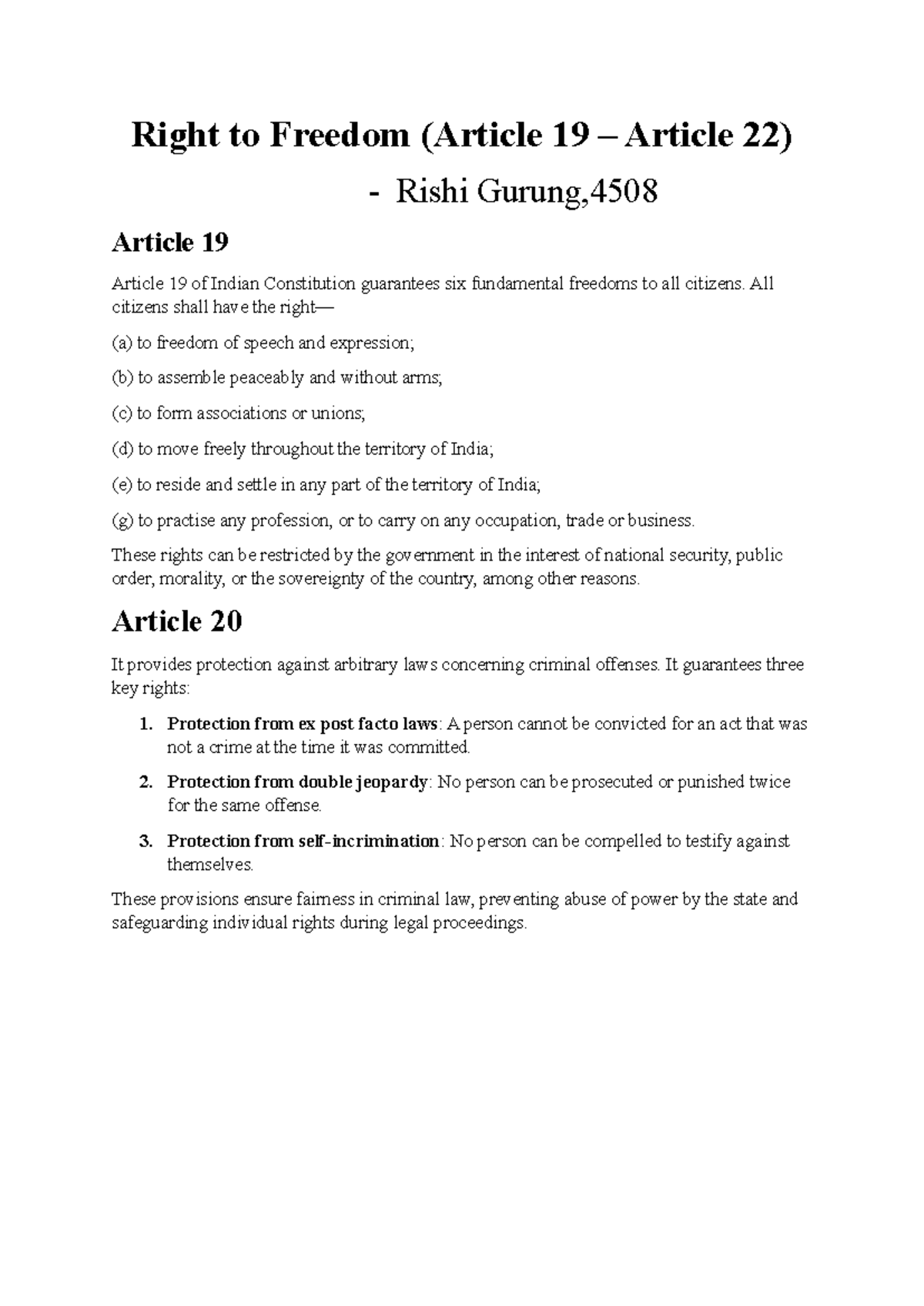 Right to Freedom - Summary B.A.(Hons.) Pol. Science - Right to Freedom ...