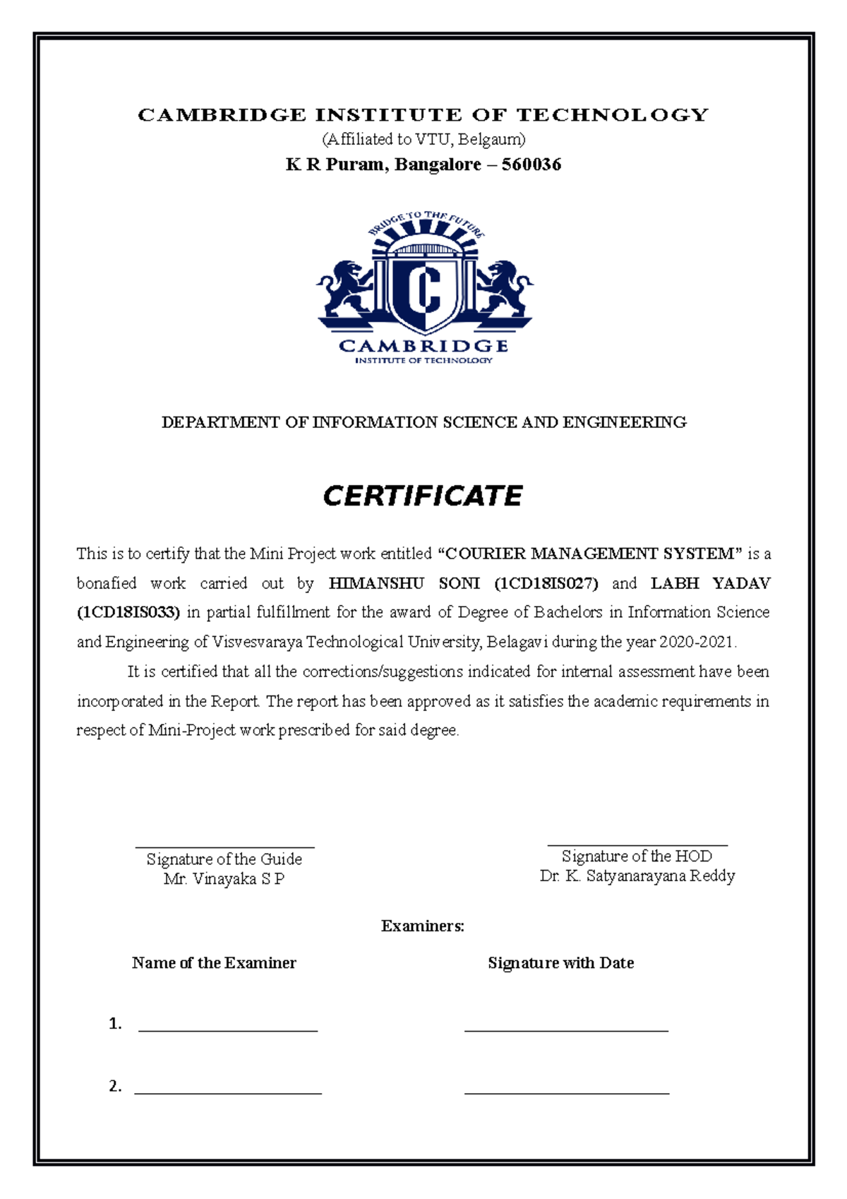 DBMS certificate Final - CAMBRIDGE INSTITUTE OF TECHNOLOGY (Affiliated ...