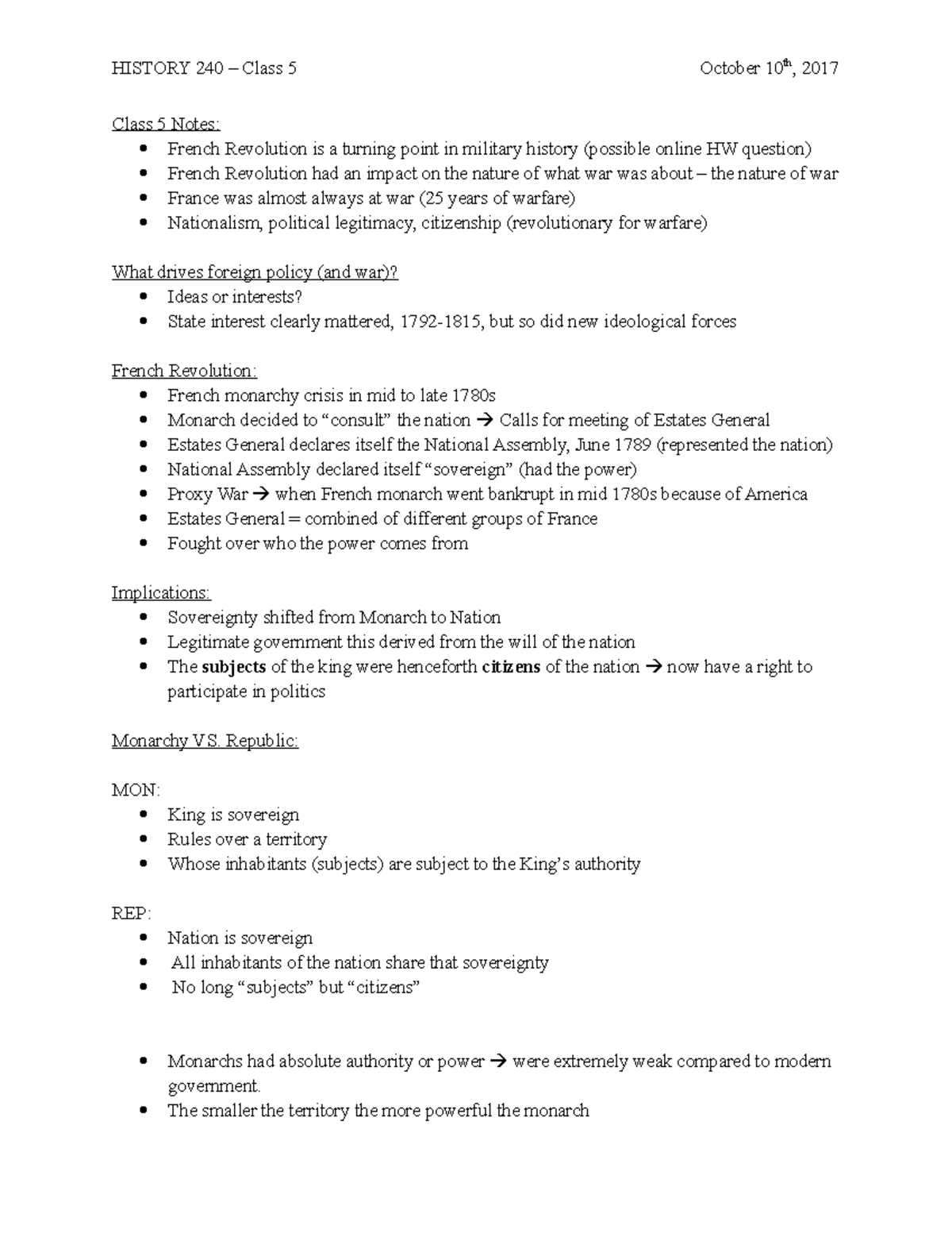 Week 3 Class 5 - Lecture Notes - HISTORY 240 – Class 5 October 10th ...