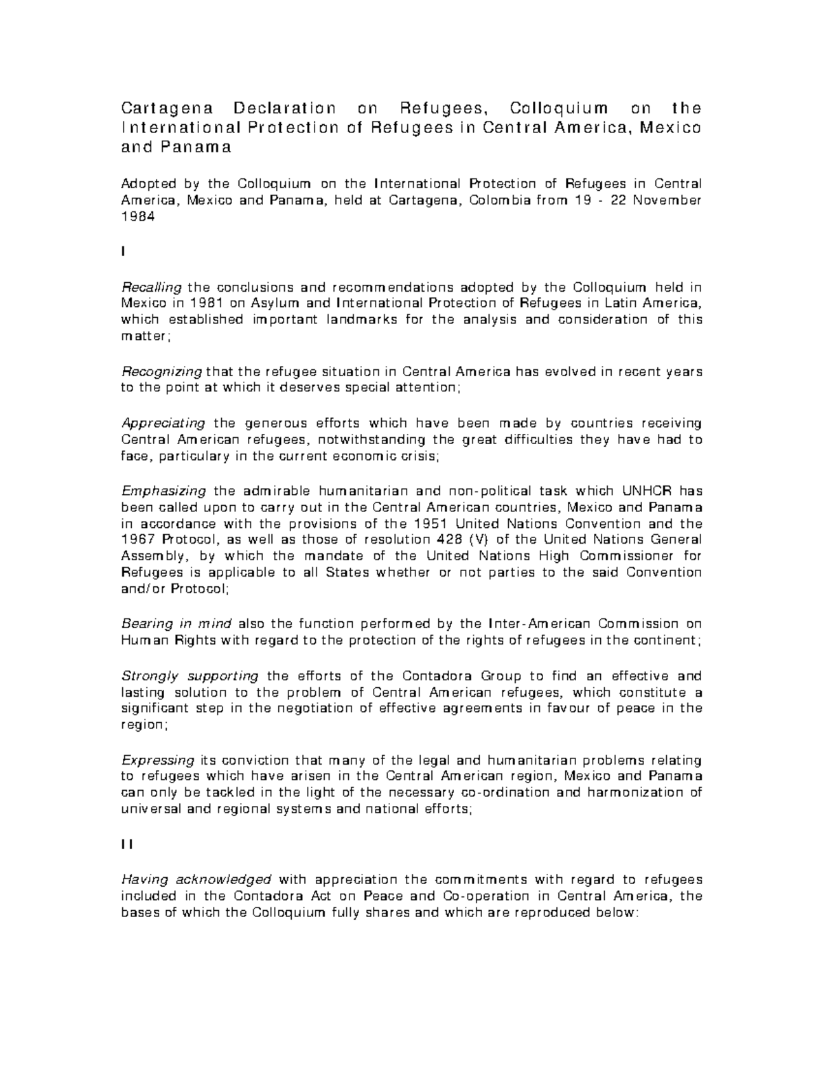 1984 Cartagena Declaration on Refugees - Ca r t a g e n a D e cla r a t ...