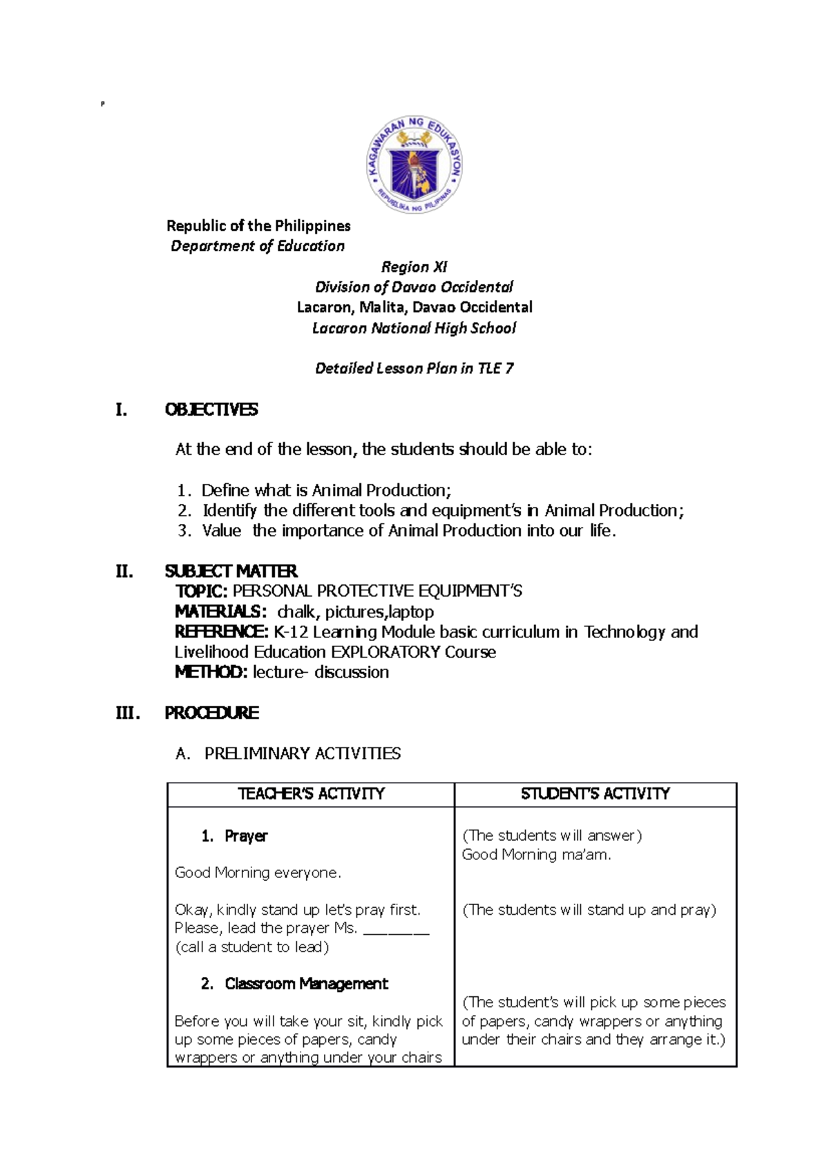 DLP IN TLE7 - SAMPLE LESSON PLAN - P Republic of the Philippines ...
