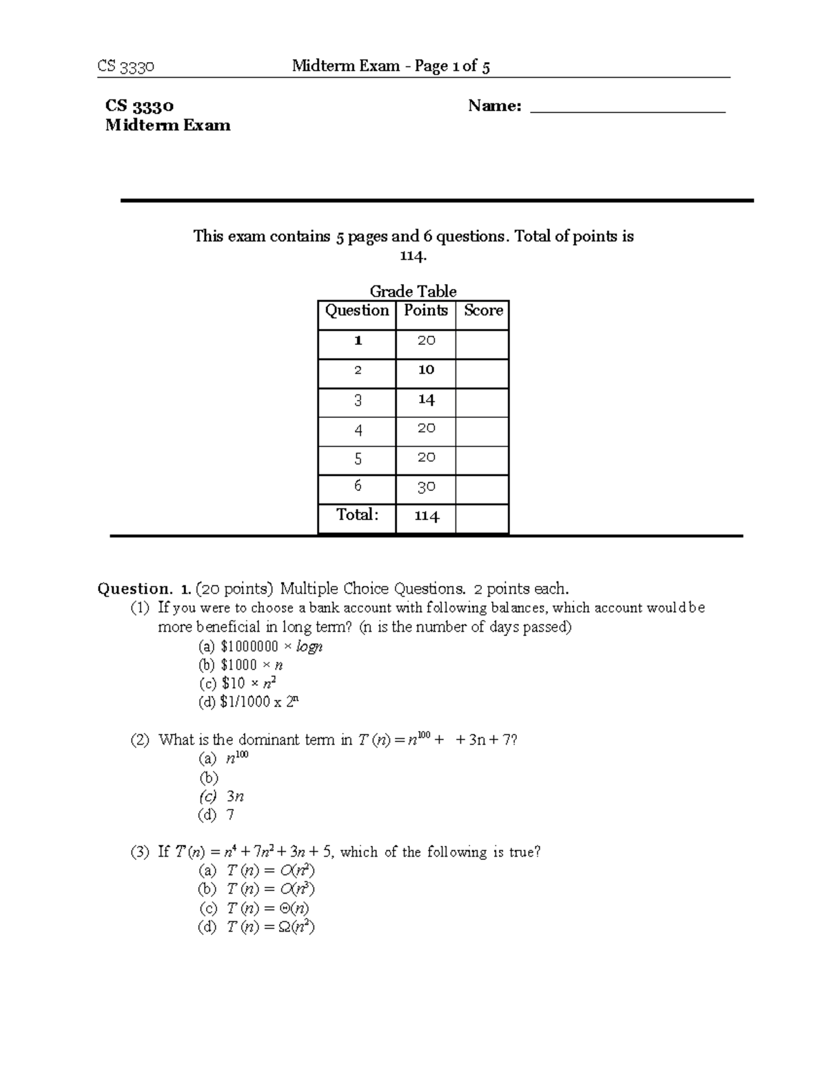 Cs3330 Midterm Exam Lecture Notes 2 Cs 3330 Midterm Exam Page 1 Of 5 Cs 3330 Name Midterm