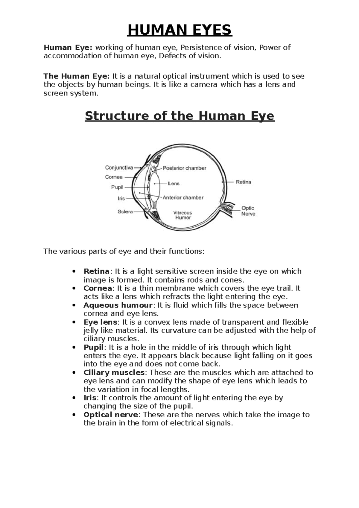 Human Eye - The Human Eye: It is a natural optical instrument which is ...