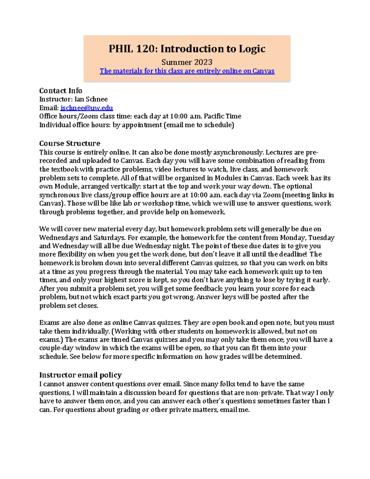 Phil 120 Logic Syllabus Su23 - PHIL 120 - UW - Studocu