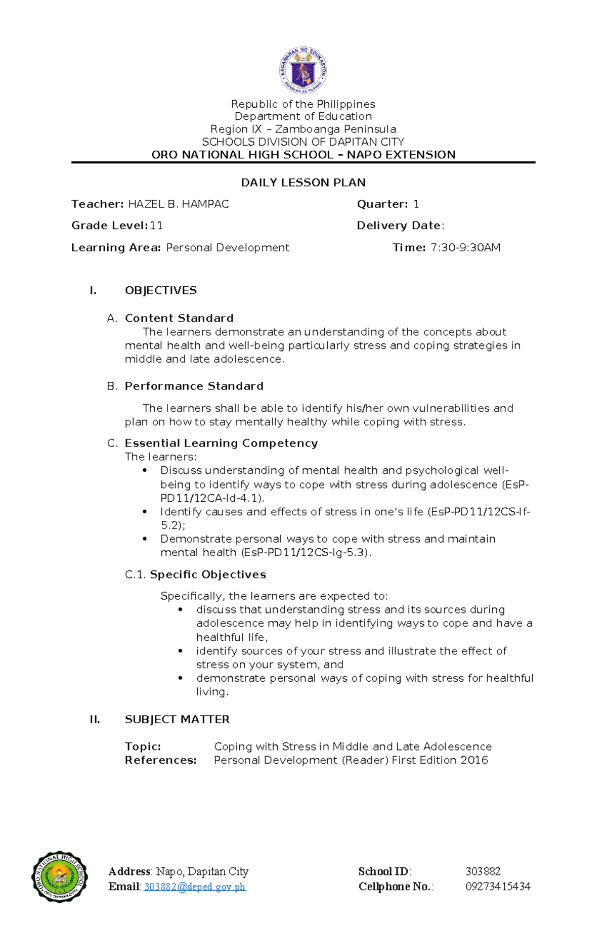 G11 Per Dev Coping with Stress in Middle and Late Adolescence - Address ...