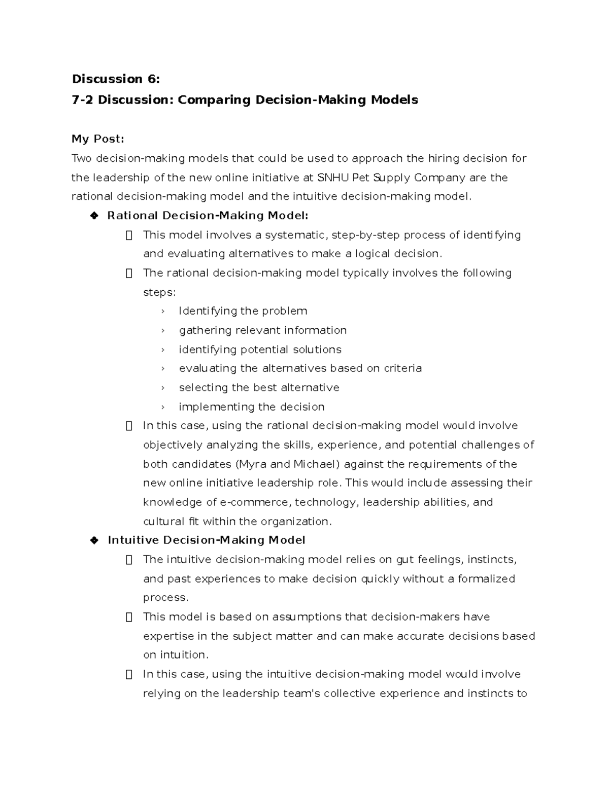 7-2 Discussion - Comparing Decision-Making Models - Discussion 6: 7-2 ...