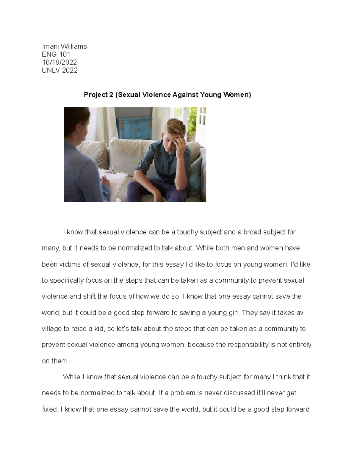 Project 2 - op-ed and infographic - Imani Williams ENG 101 10/18/ UNLV 2022 Project 2 (Sexual ...