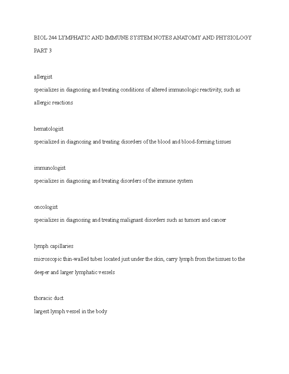 BIOL 244 Lymphatic AND Immune System Notes Anatomy AND Physiology PART ...