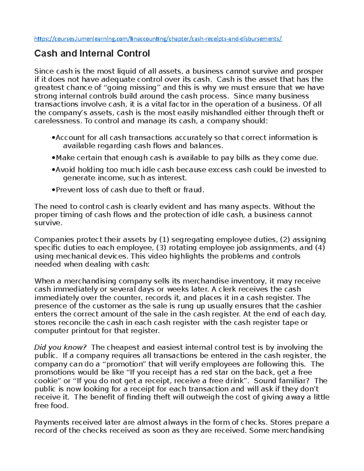Lumen Learning - Cash Internal Control - - Studocu