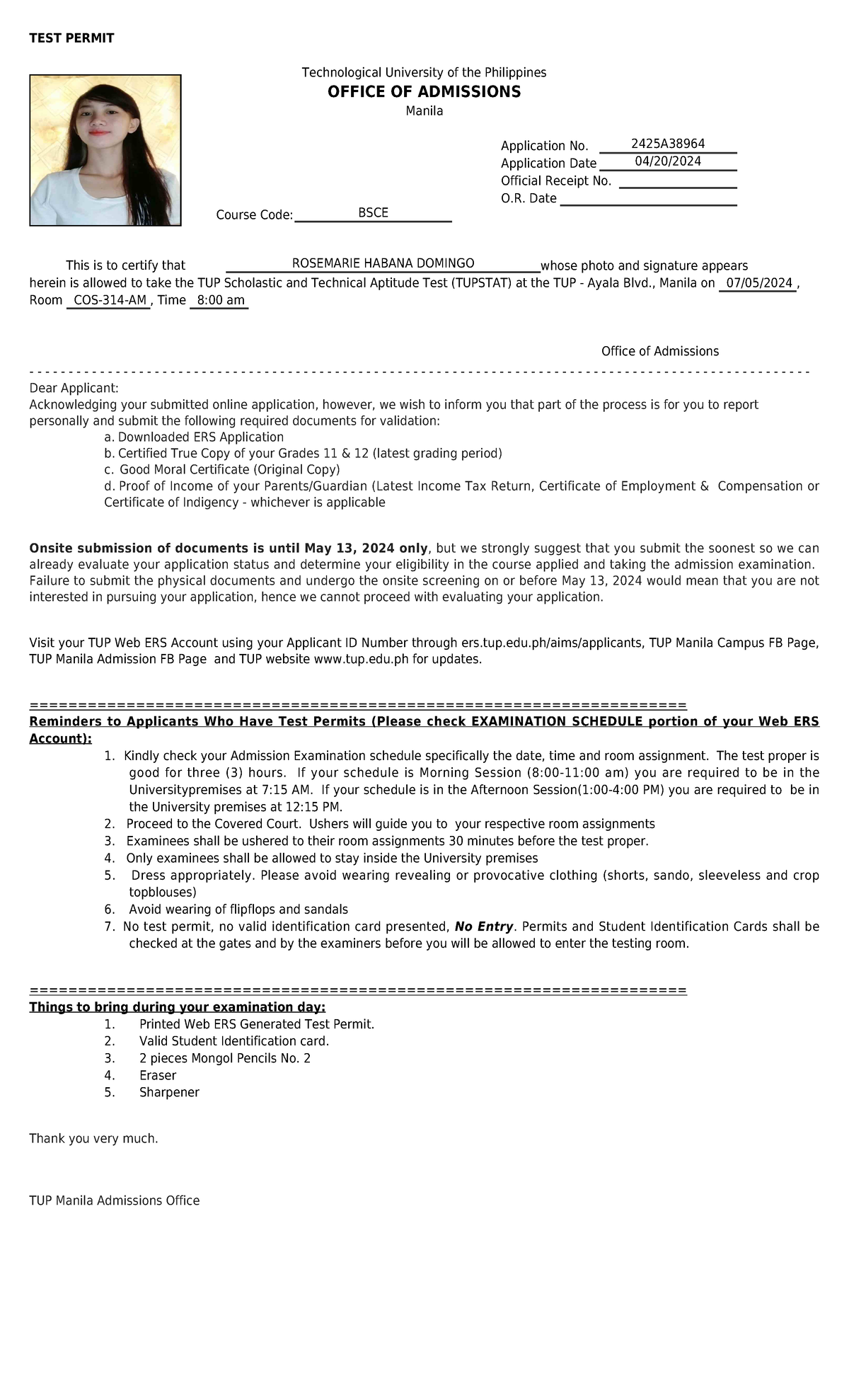 Mpdf - earist admissions - TEST PERMIT Technological University of the ...
