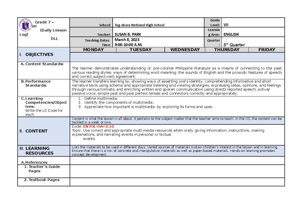 CO DLL 3RD Quarter-Multimedia Resources 2023 - Grade 7 – ENGLISH (Daily ...