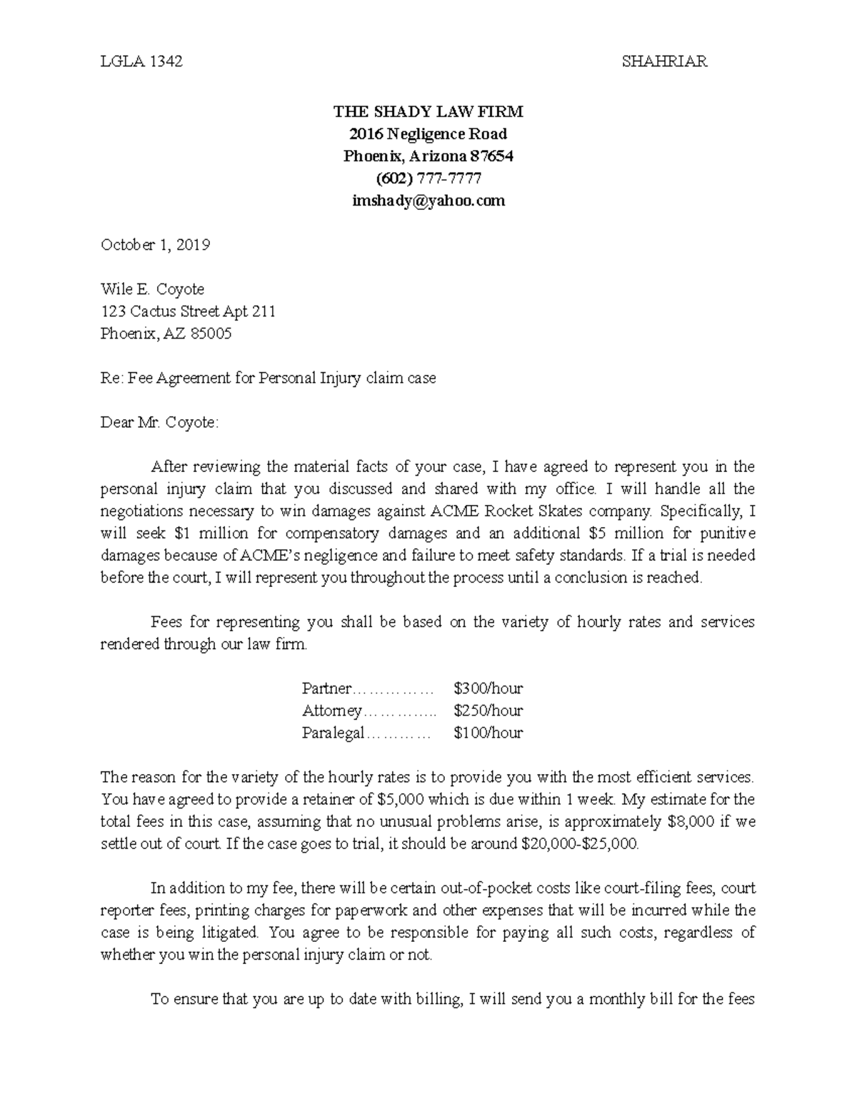 Fee Agreement Letter - LGLA 1342 SHAHRIAR THE SHADY LAW FIRM 2016 ...