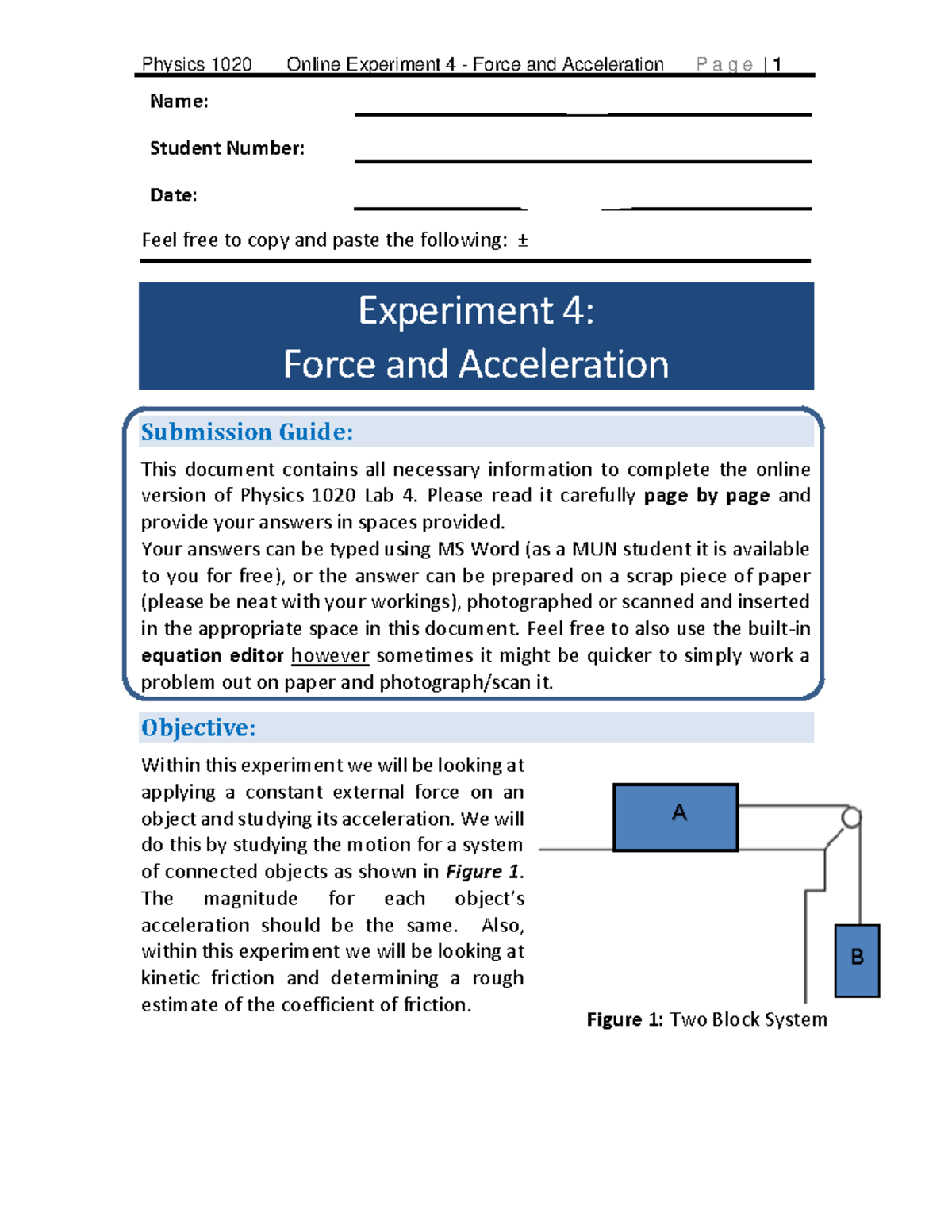 Physics 1020 Experiment 4 Work Sheets Completed - Feel free to copy and ...