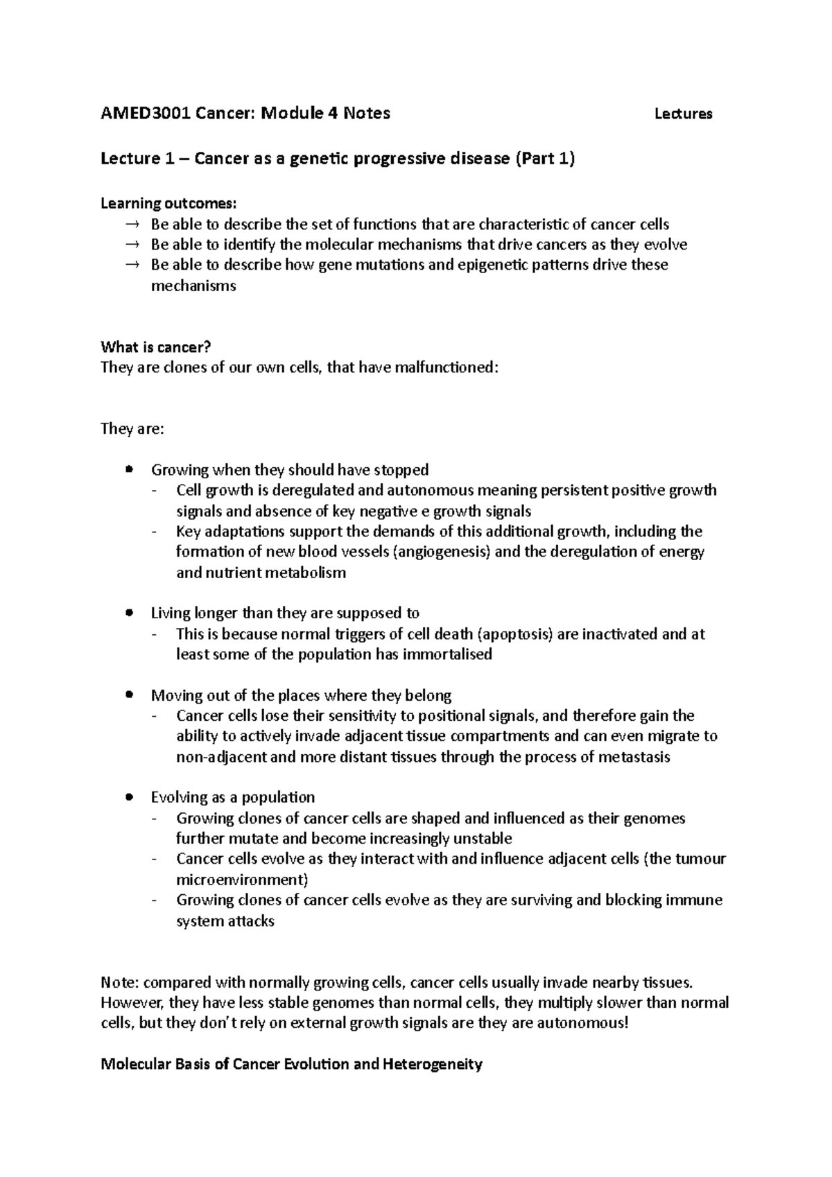 AMED3001 Cancer Module 4 notes - AMED3001 Cancer: Module 4 Notes ...