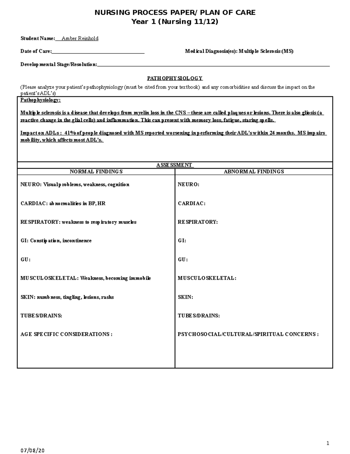 Deg Neuro Passport Careplan MS - Student Name: Amber Reinhold Date of ...