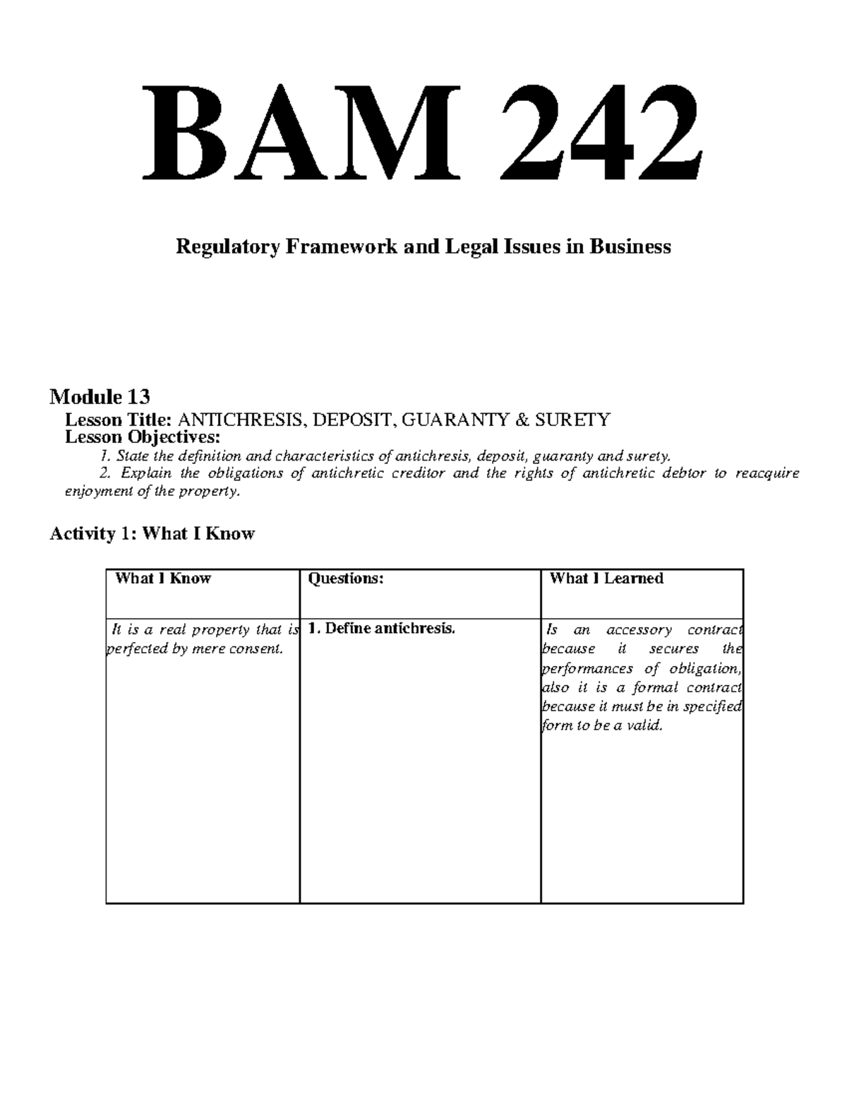 BAM242- Module 13 - Thanks me later - BAM 242 Regulatory Framework and Legal Issues in Business ...