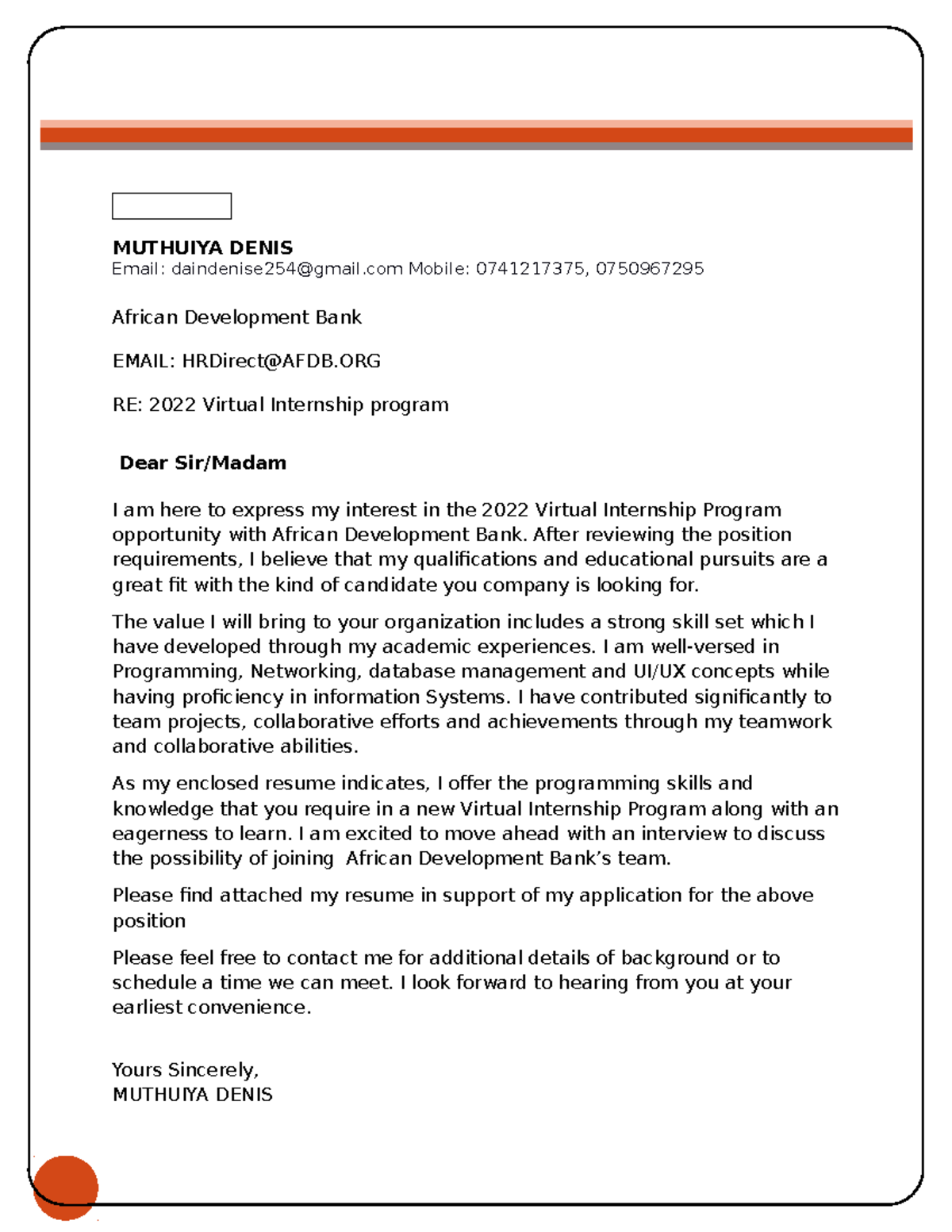 Cover Letter African Development Bank - MUTHUIYA DENIS Email ...